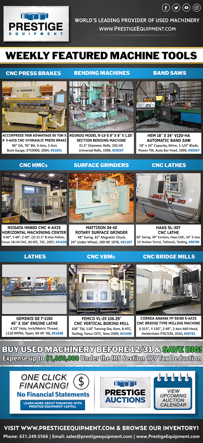 Boring Mills, Machining Centers, Lathes, Press Brakes and More