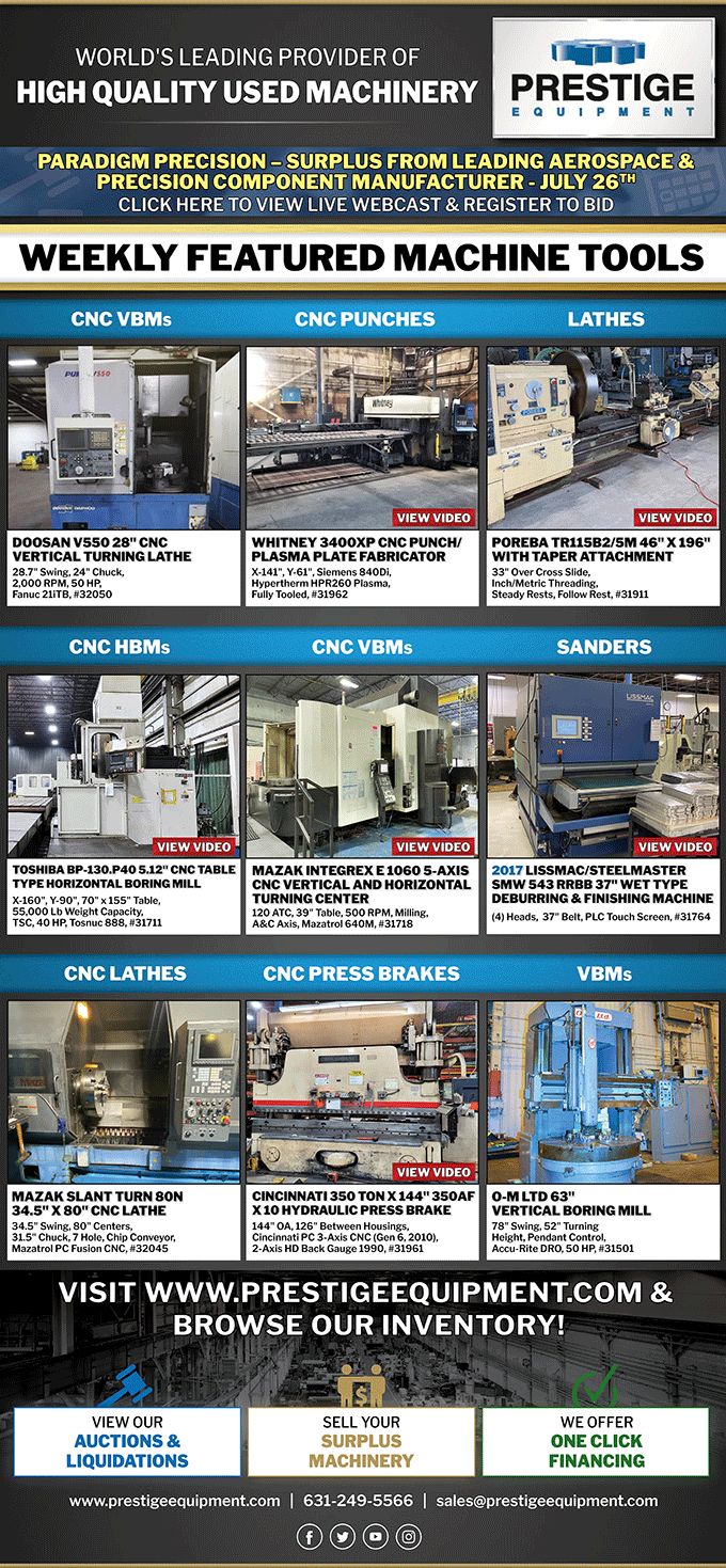 Prestige Equipment Weekly Featured Machine Tools